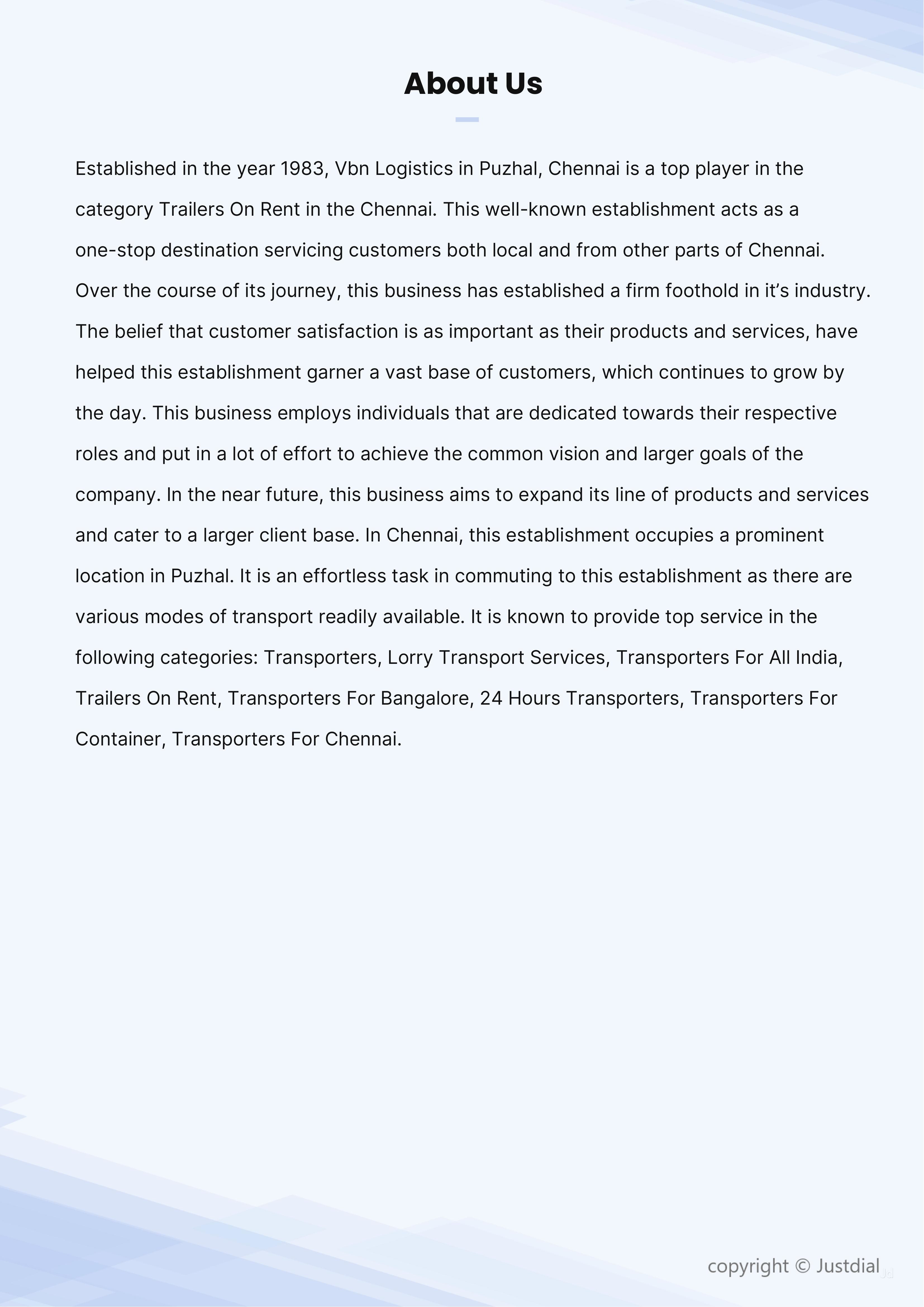 Vbn Logistics - Retailer from Puzhal, Chennai, India | Company Profile