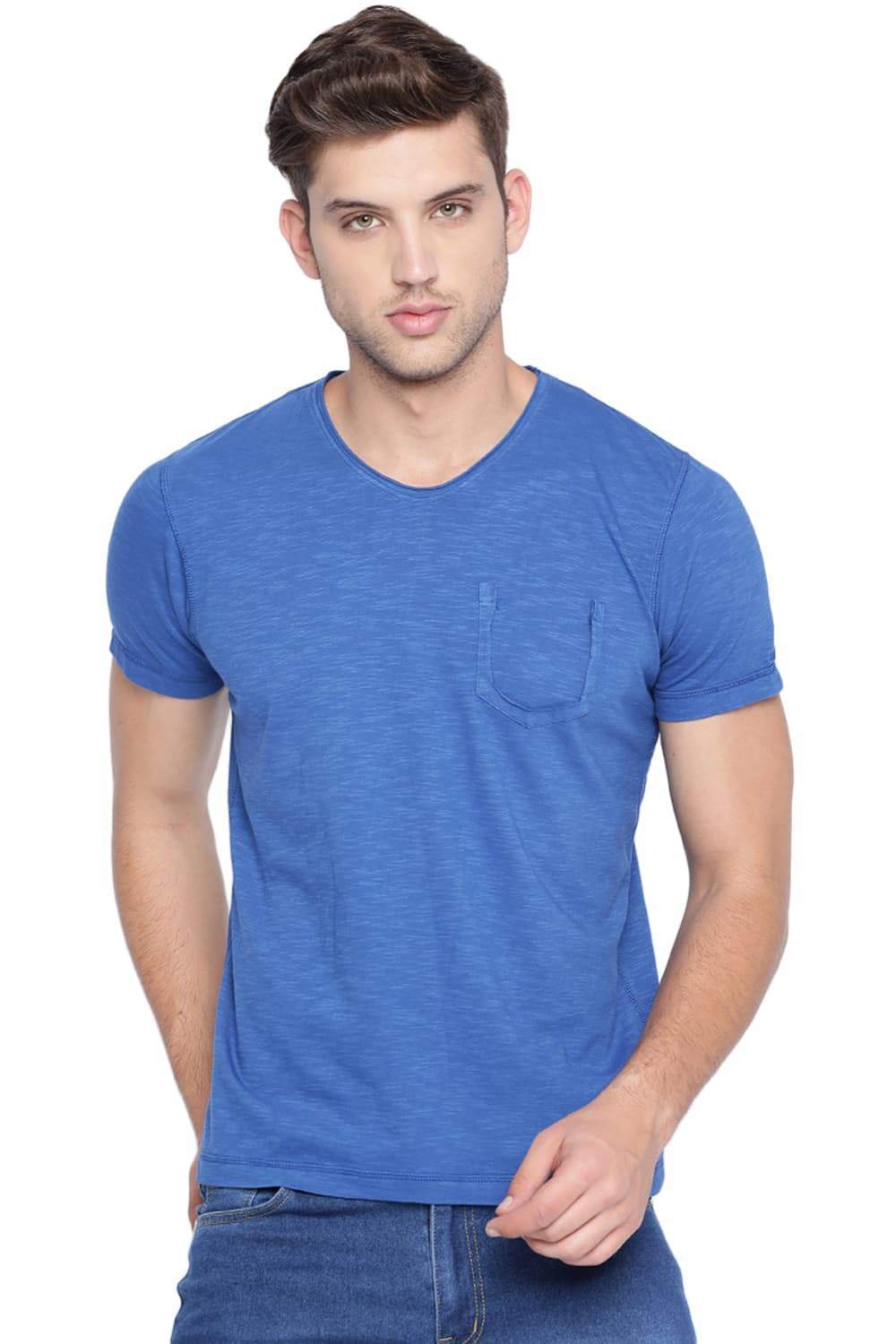 BASICS Muscle Fit Classic Blue V Neck T Shirt 19BTS41024 S 8907798443038 in Bangalore at 775 799 by Hasbro Clothing Pvt Ltd Justdial