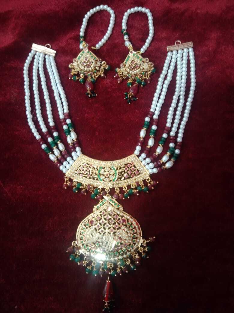 Bead And Gold Plated Jadau Necklaces Set With Earrings Set Of 3 Piece