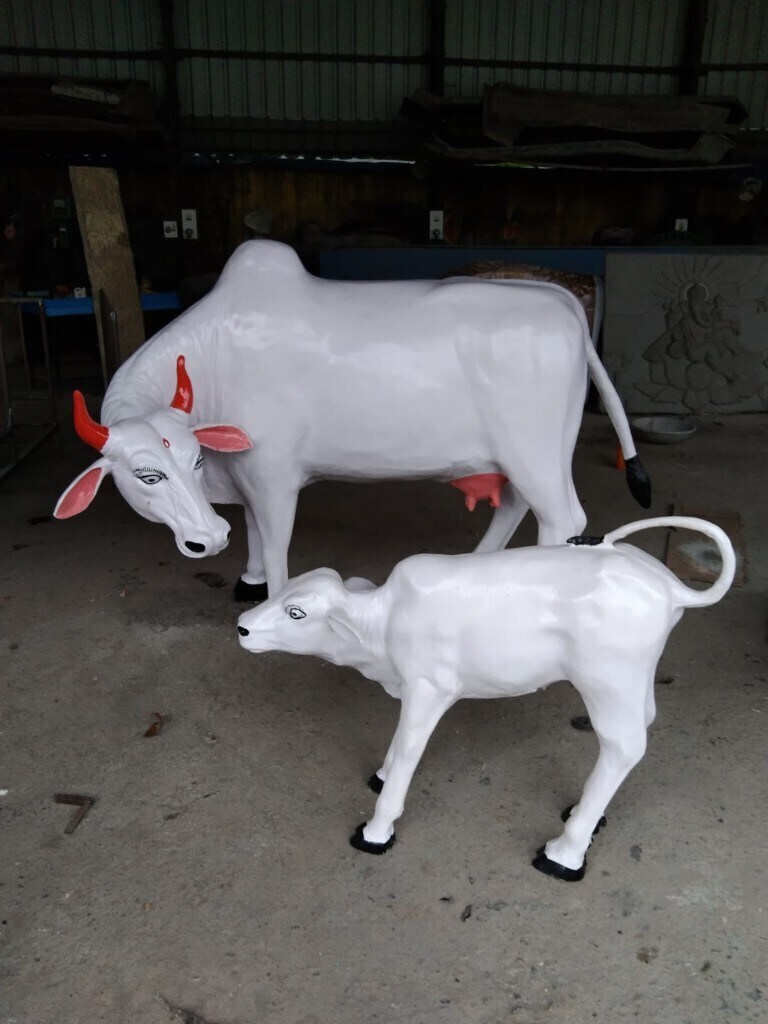 Polished Stone Cow And Calf Garden Statue with Abstract Animal Design ...
