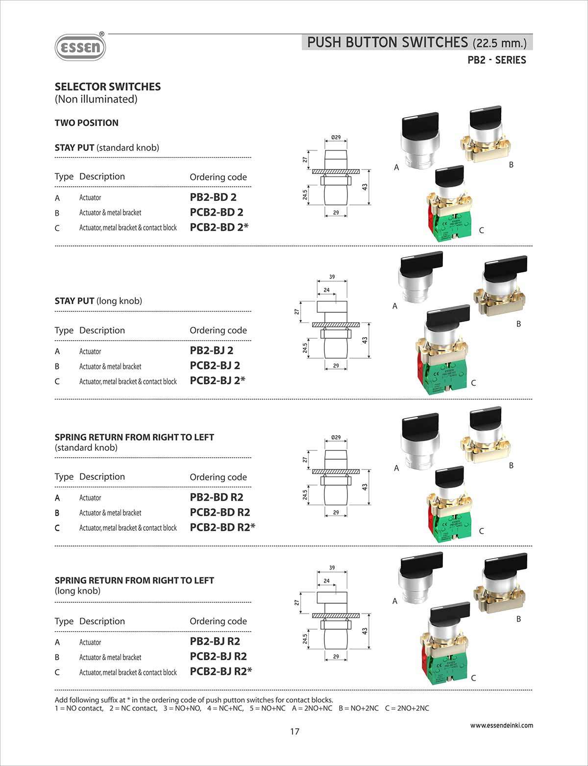 ESSEN PB2-Series PCB2-BD 2 22.5 mm Selector Two Position Stay Put Push ...