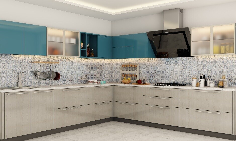 L-Shaped Modular Kitchen Design With A Tiled Backsplash in Delhi at ...