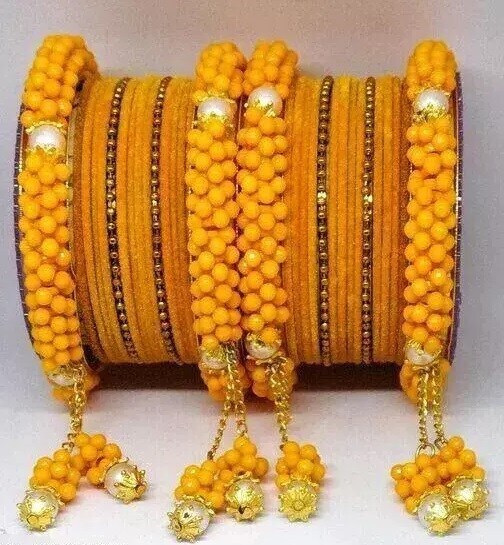 Metal Base Moti Velvet Chudi Indian Bridal Bangles Set Yellow in Kanpur ...