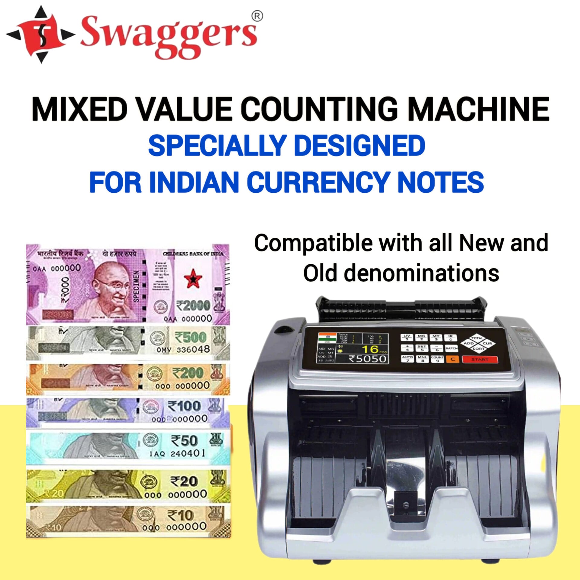 Swaggers Heavy Duty Mix Value Note Counting Machine with Fake Note ...