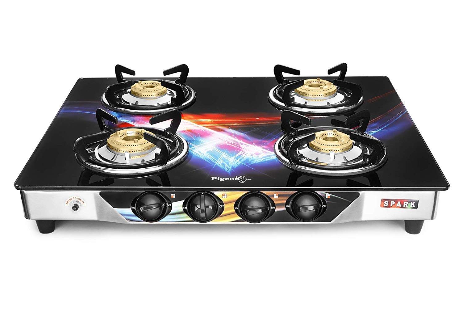 Pigeon Stainless Steel Toughened Glass Spark Series Square Glitter Automatic Full Size 4 Burner Gas Stove in Delhi at 5 334 5 499 by Shiva Home Appliances Justdial