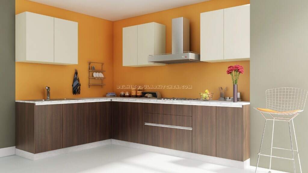 Hettich PU Paint Stone Grey And Walnut L Shape Modular Kitchens in ...