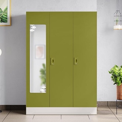 Second Hand Slimline 3 Door Steel Almirah With Mirror Leaf Green