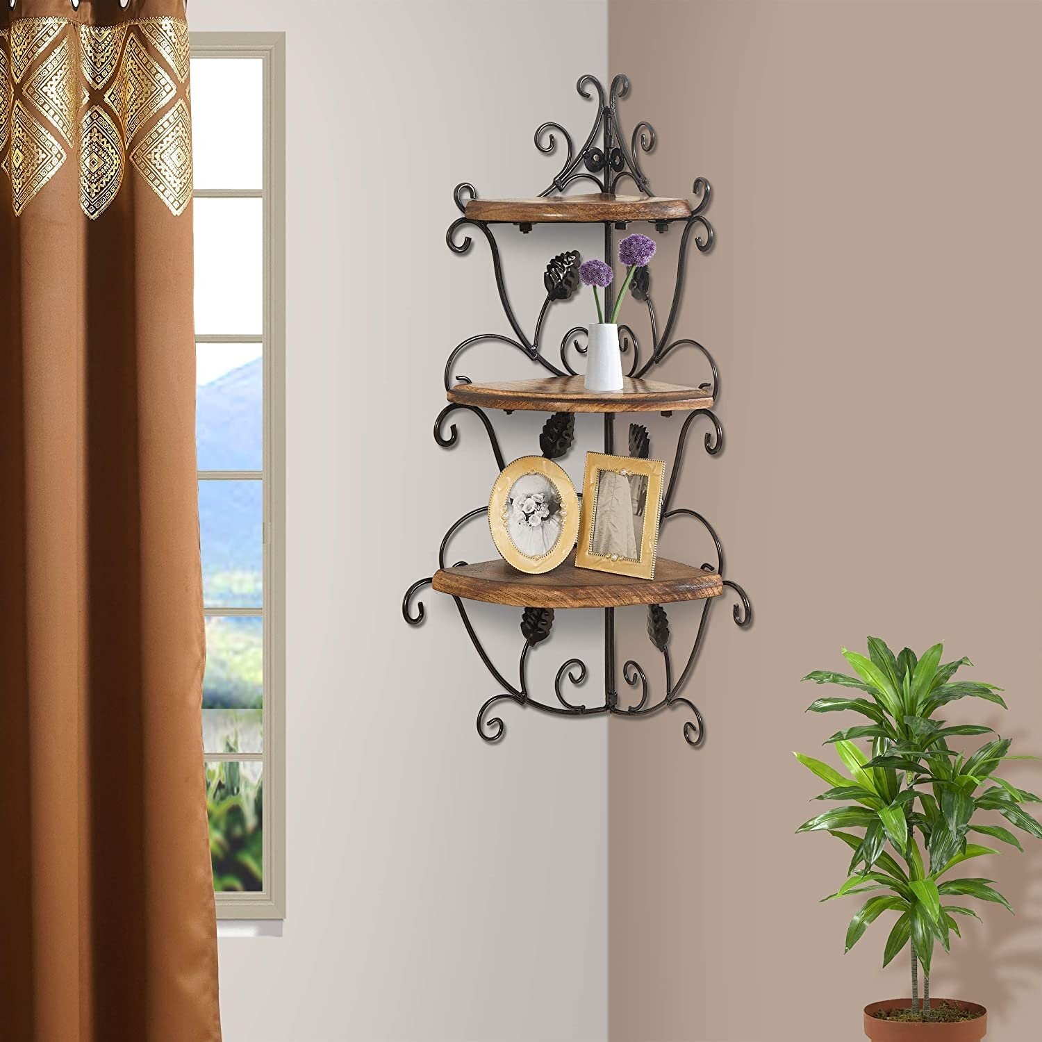 Wooden and Wrought Iron Corner Wall Shelf For Living Room HOME DECOR AND STORAGE