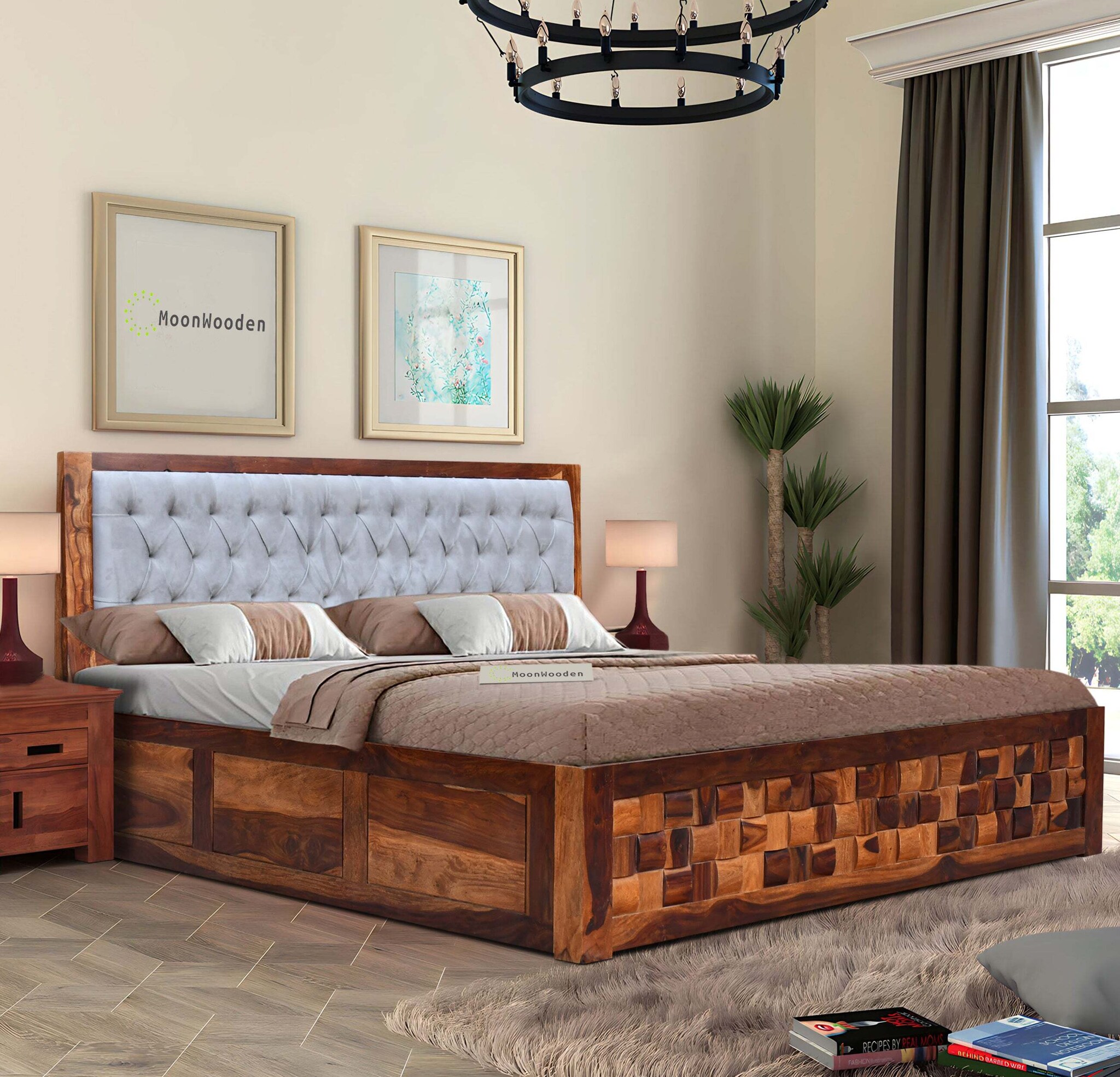 Wooden King Size Bed With Box Storage (7x6.5 Feet,Light Honey) in Delhi ...